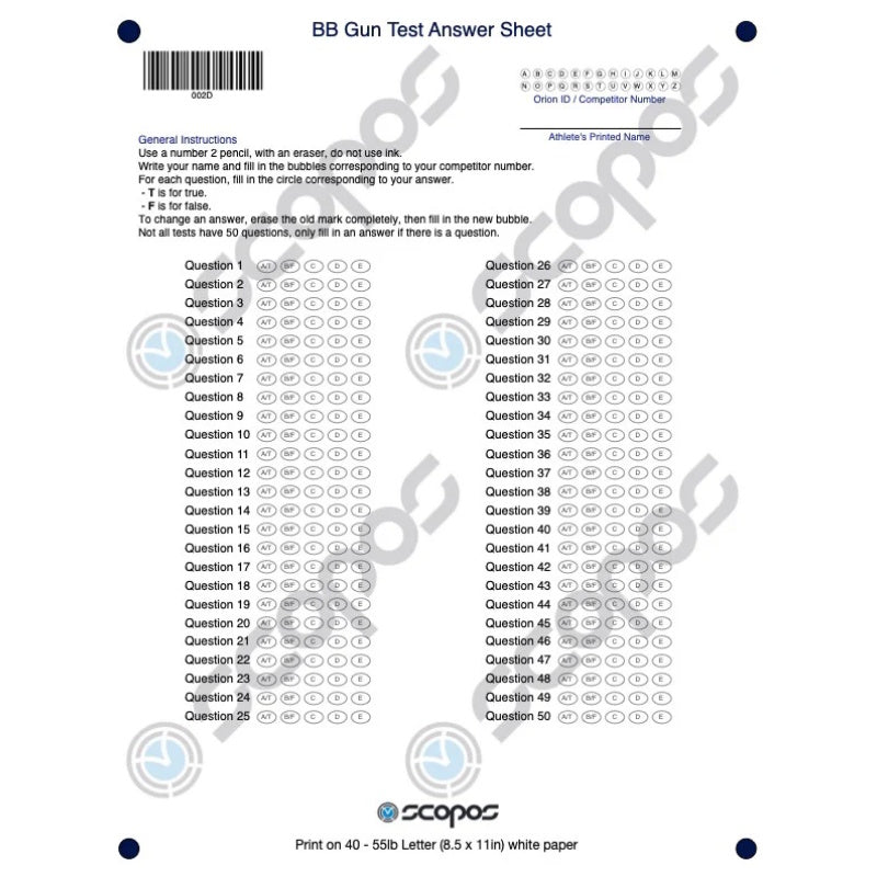 BB Gun Test Answer Sheet - Scopos
